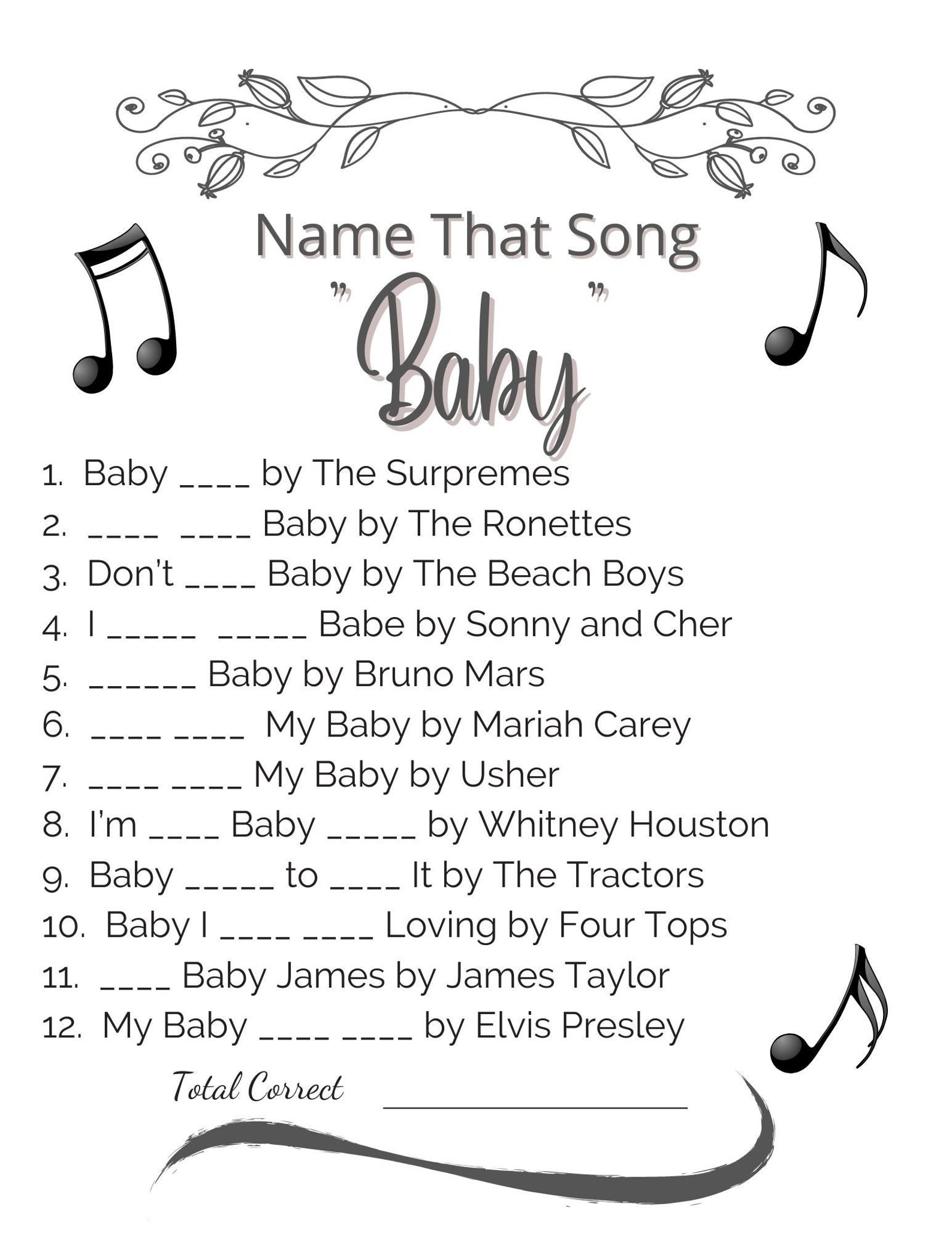 Name That Song Baby Trivia, Baby Shower Game, Simple Black and White ...