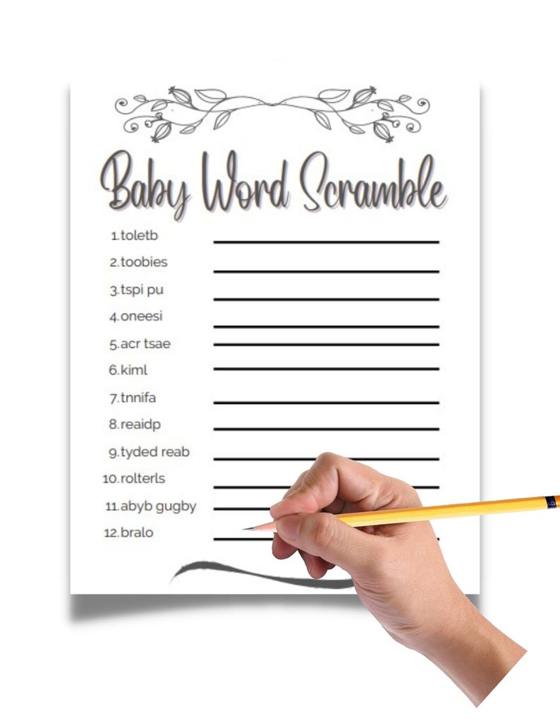 Baby Word Scramble Baby Shower Game, Simple Black and White Gender ...