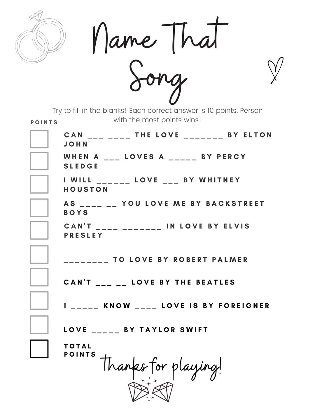 Bridal Shower Game, Guess the Love Song Game, Name That Tune, Printable ...