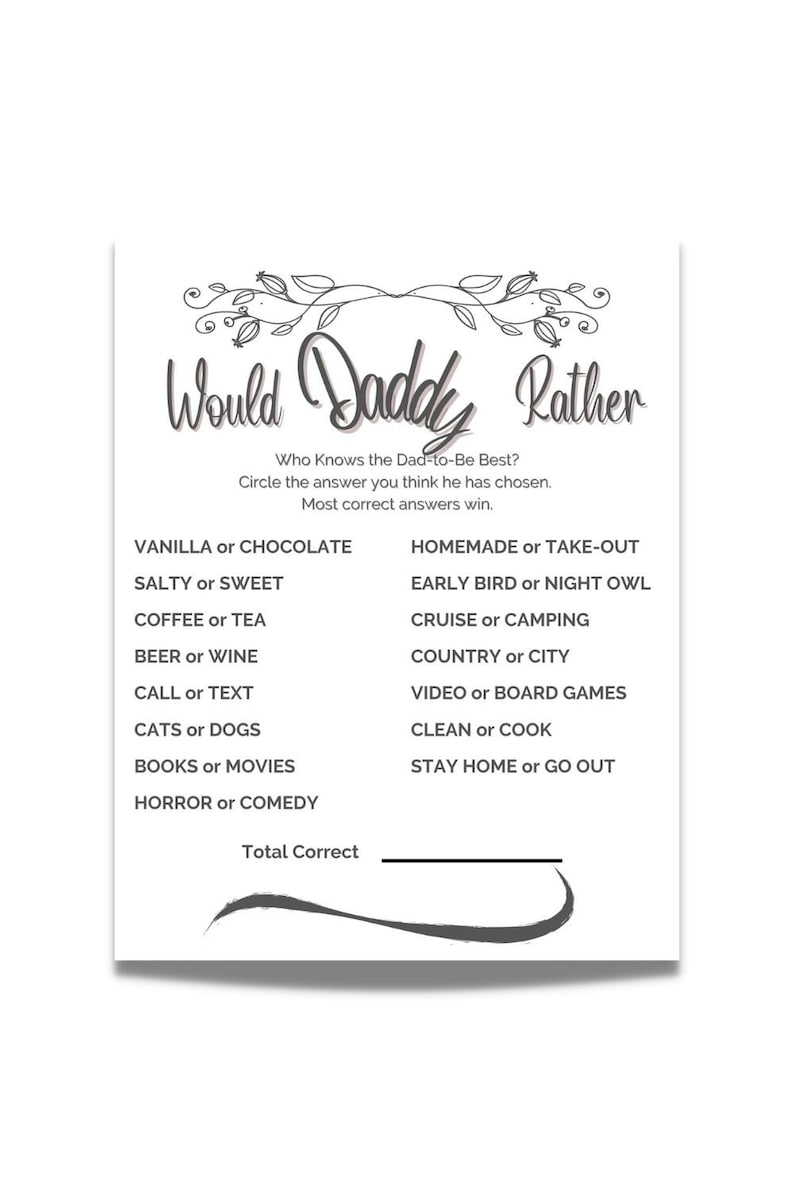 Would Daddy Rather Rather Baby Shower Game, Simple Black and White ...
