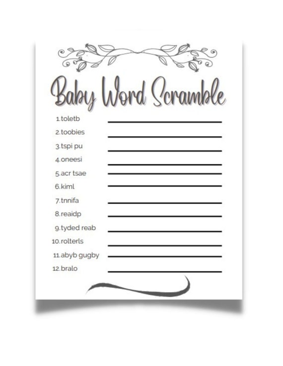 Baby Word Scramble Baby Shower Game Simple Black and White | Etsy