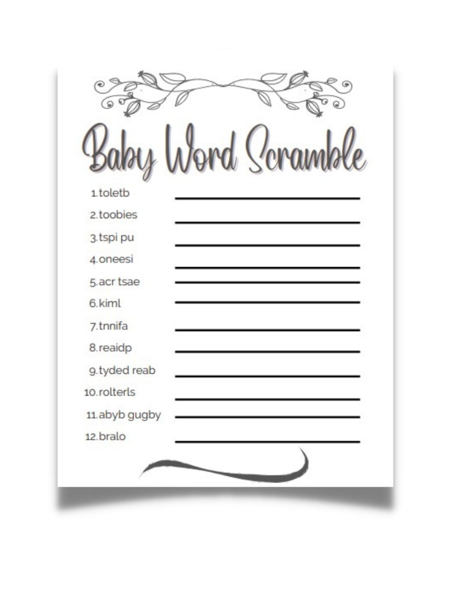 Baby Word Scramble Baby Shower Game, Simple Black and White Gender ...