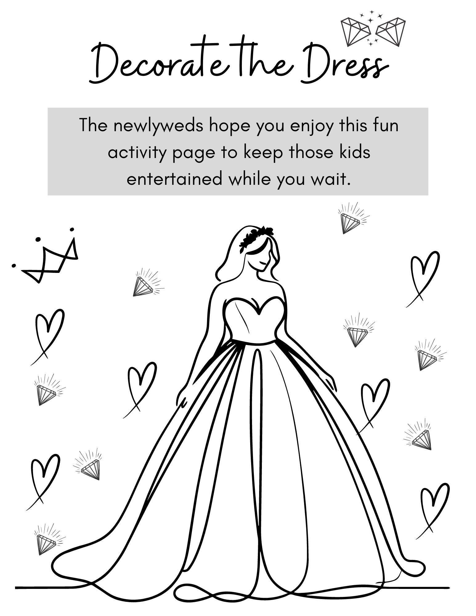 Wedding Activities for Kids, Decorate the Dress - Coloring Page for ...