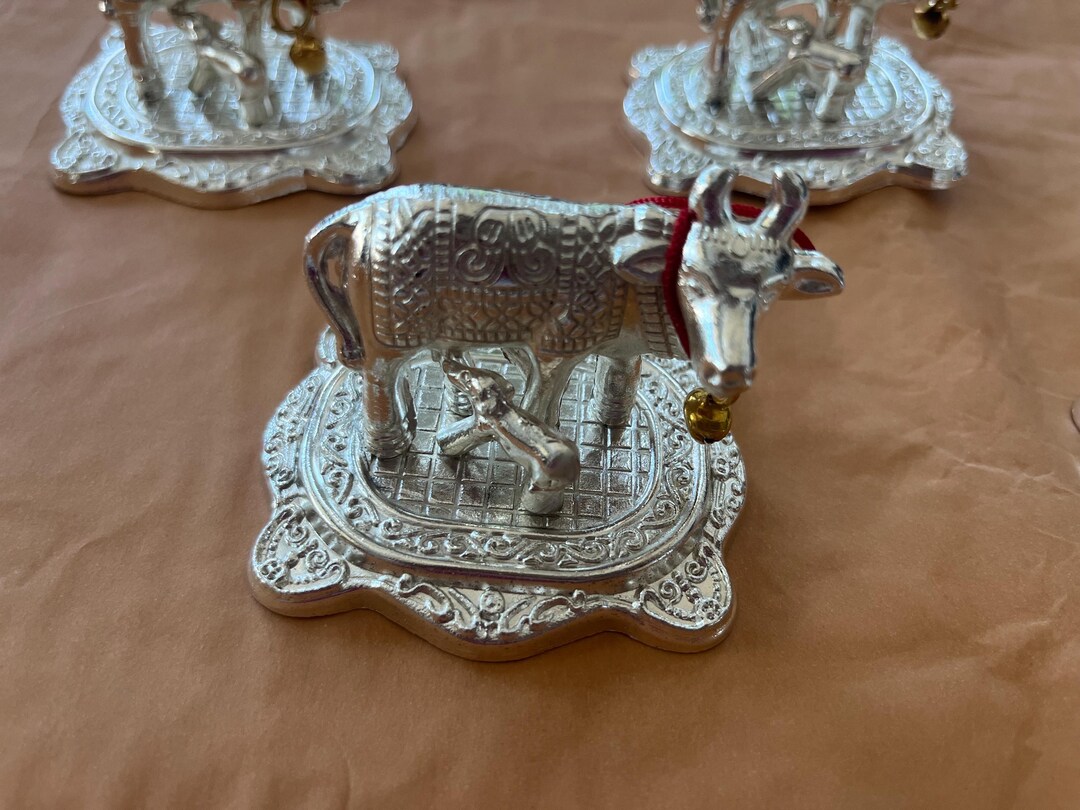 Cow and Calf Idol for Pooja | Kamdhenu Gau MATA Silver Color | Figurine ...