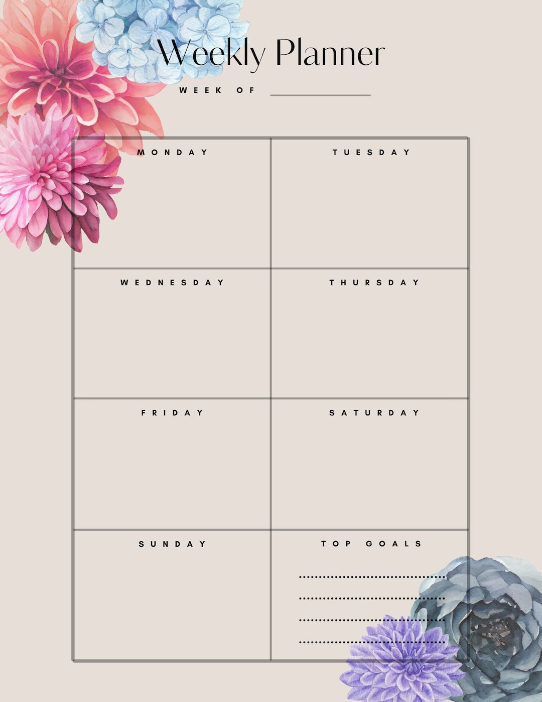 Blank Planner, Printable Weekly Planner With Flowers - Etsy