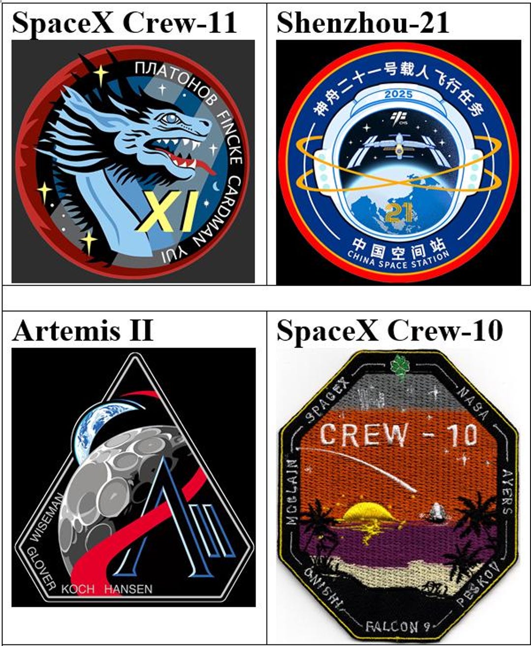 Human Space Flights Spacex Crew-11 Crew-10 Dragon Endurance USA Shenzhou-21 China Artemis II ...
