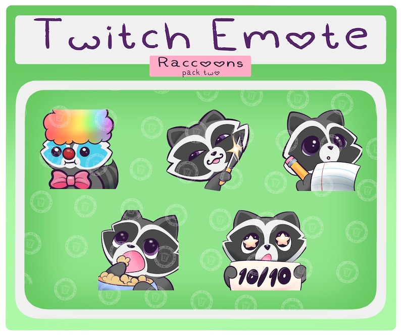 EMOTE PACK TWO - Kawaii Raccoon Emote - Clown, Knife, Notes, Popcorn ...