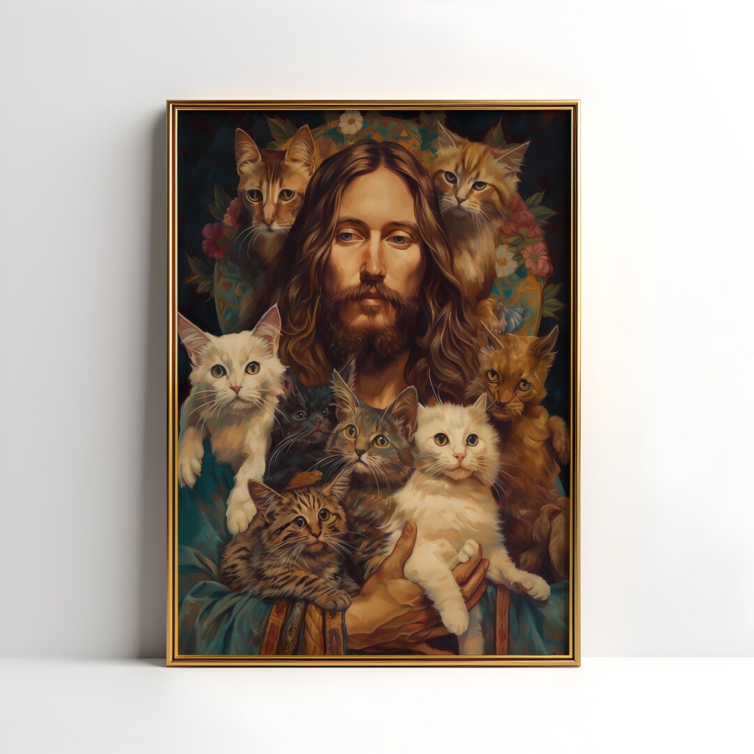 Hippie Jesus Loves Cats Art Print | Cute Bohemian Cat Poster, Preppy ...