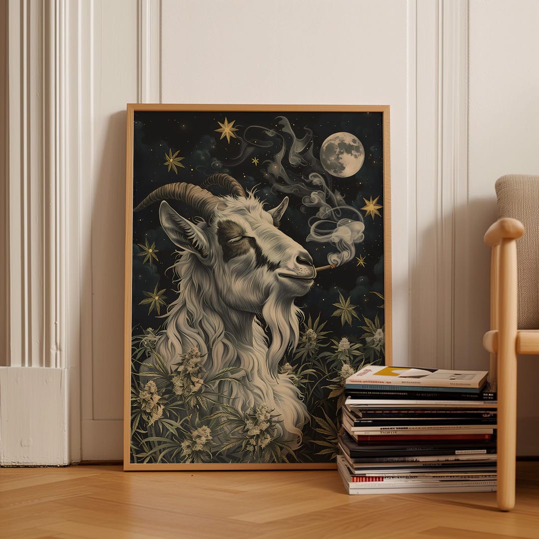 Goat Smoking Weed Art Print | Surreal Marijuana Nature Scene for Hippie ...