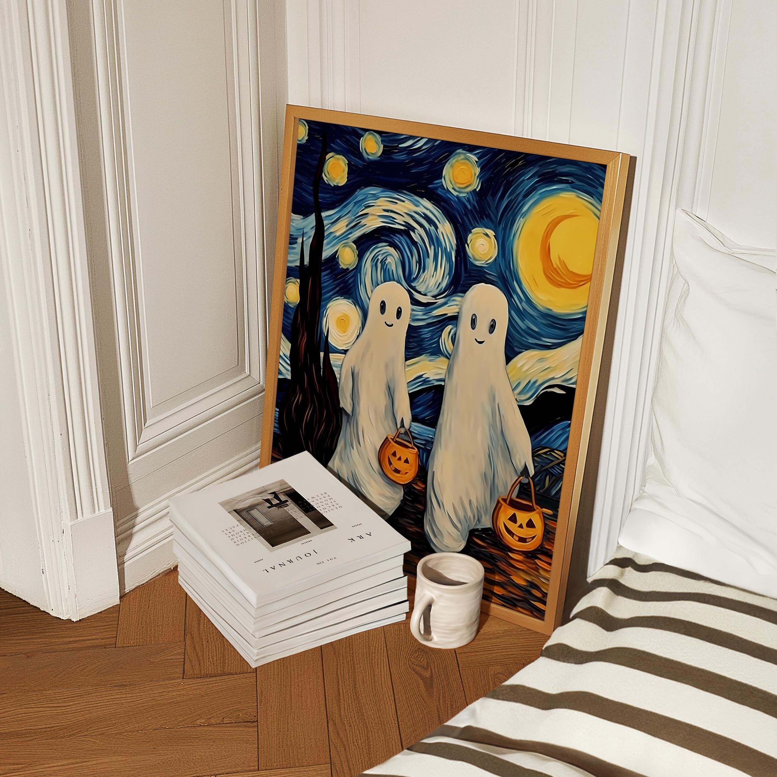 Starry Night Ghost Art Print Kawaii Ghost Halloween Poster Whimsigoth ...