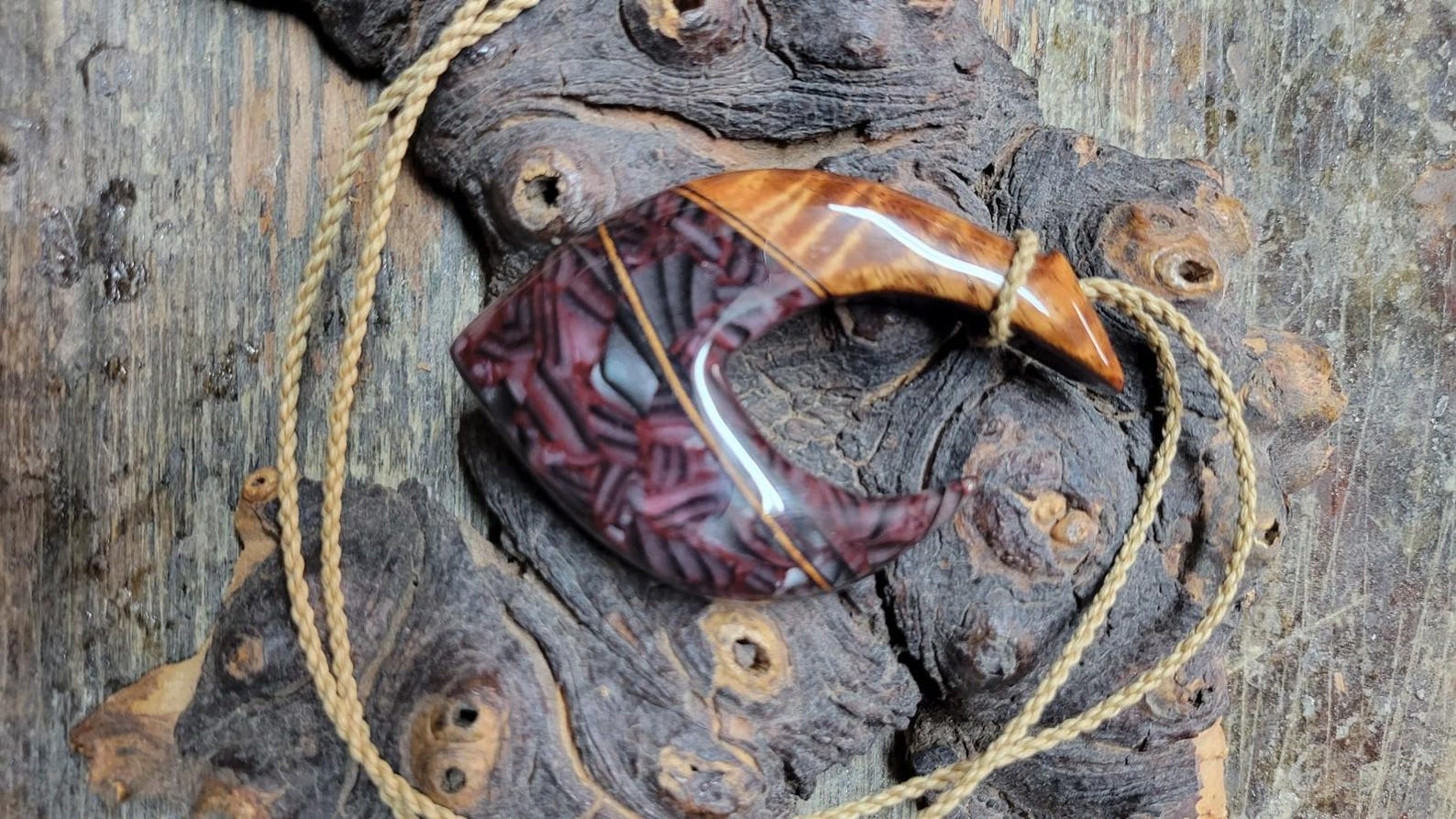 Fish Hook Necklace Hawaiian Twisted Curly Koa and Cabernet Conch, Big ...
