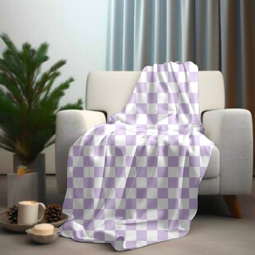Lilac Checkered Velveteen Plush Blanket Soft Light Purple Checkered ...
