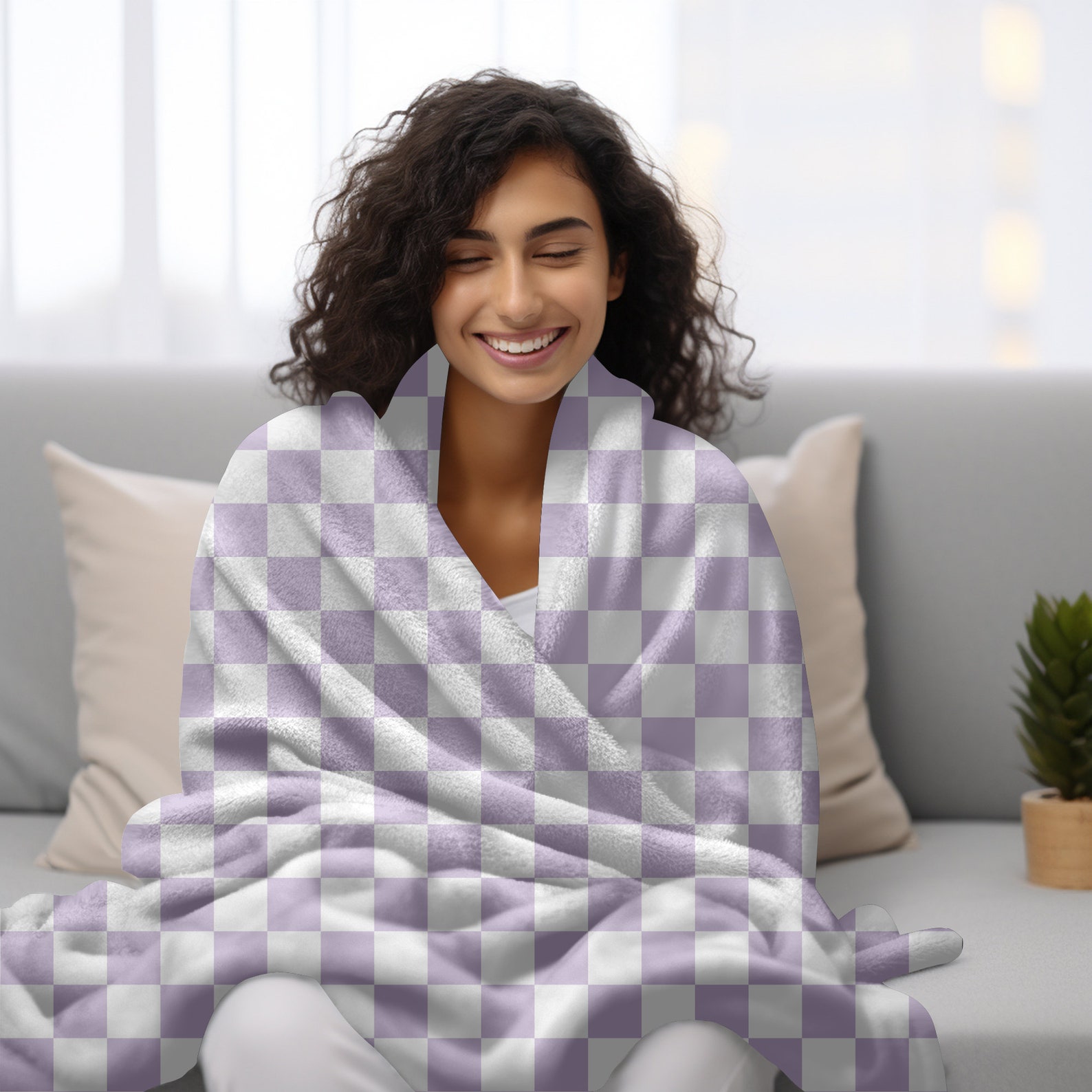 Lilac Checkered Velveteen Plush Blanket Soft Light Purple Checkered ...