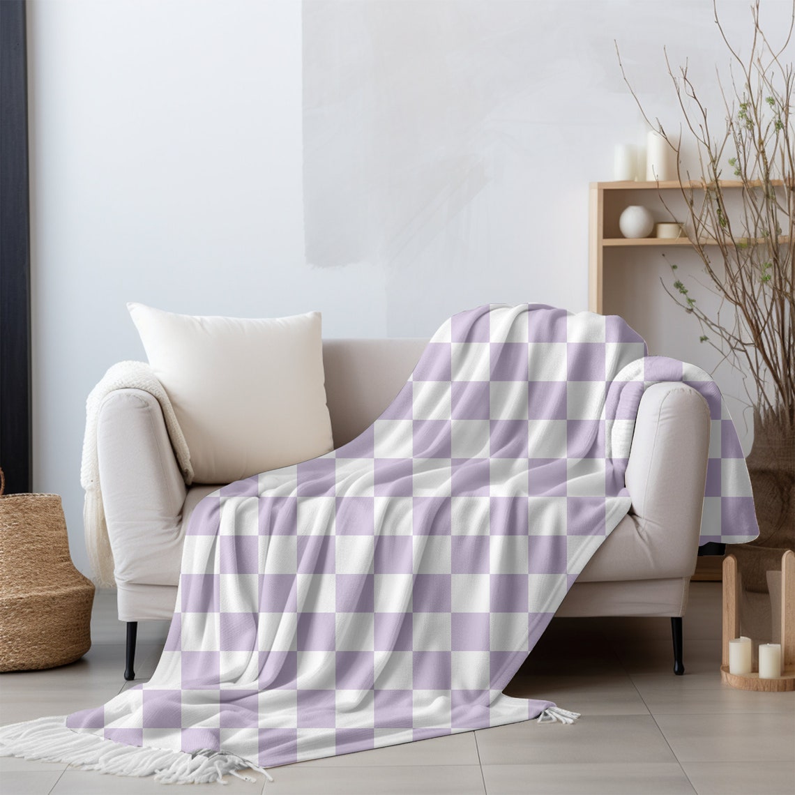 Lilac Checkered Velveteen Plush Blanket Soft Light Purple Checkered ...