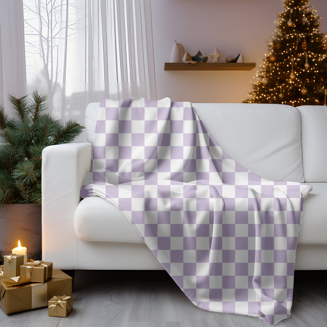 Lilac Checkered Velveteen Plush Blanket Soft Light Purple Checkered ...