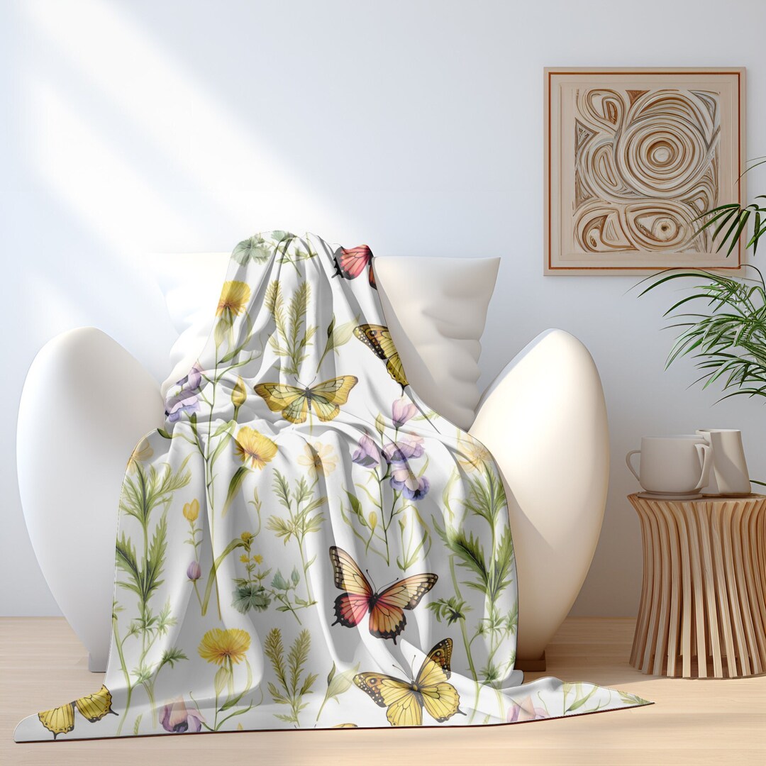 Butterfly Floral Throw for Living Room Velveteen Plush Floral Blanket ...