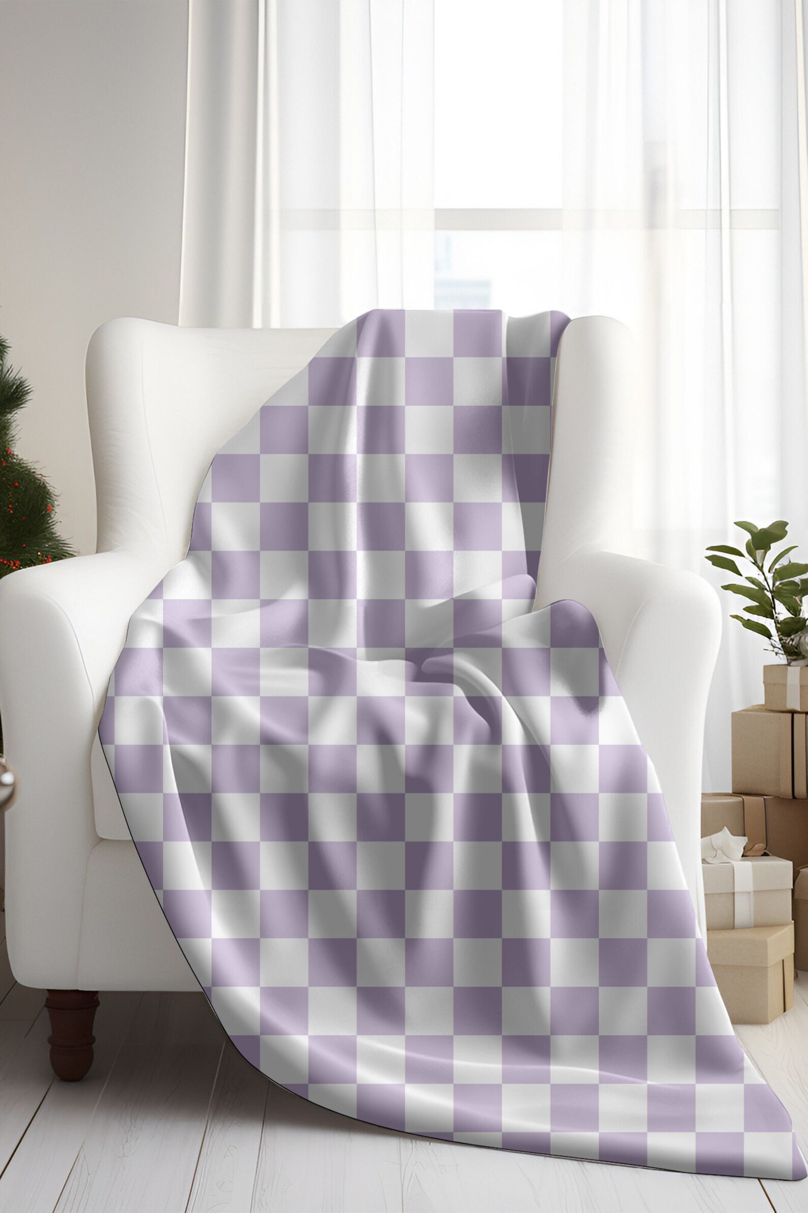 Lilac Checkered Velveteen Plush Blanket Soft Light Purple Checkered ...