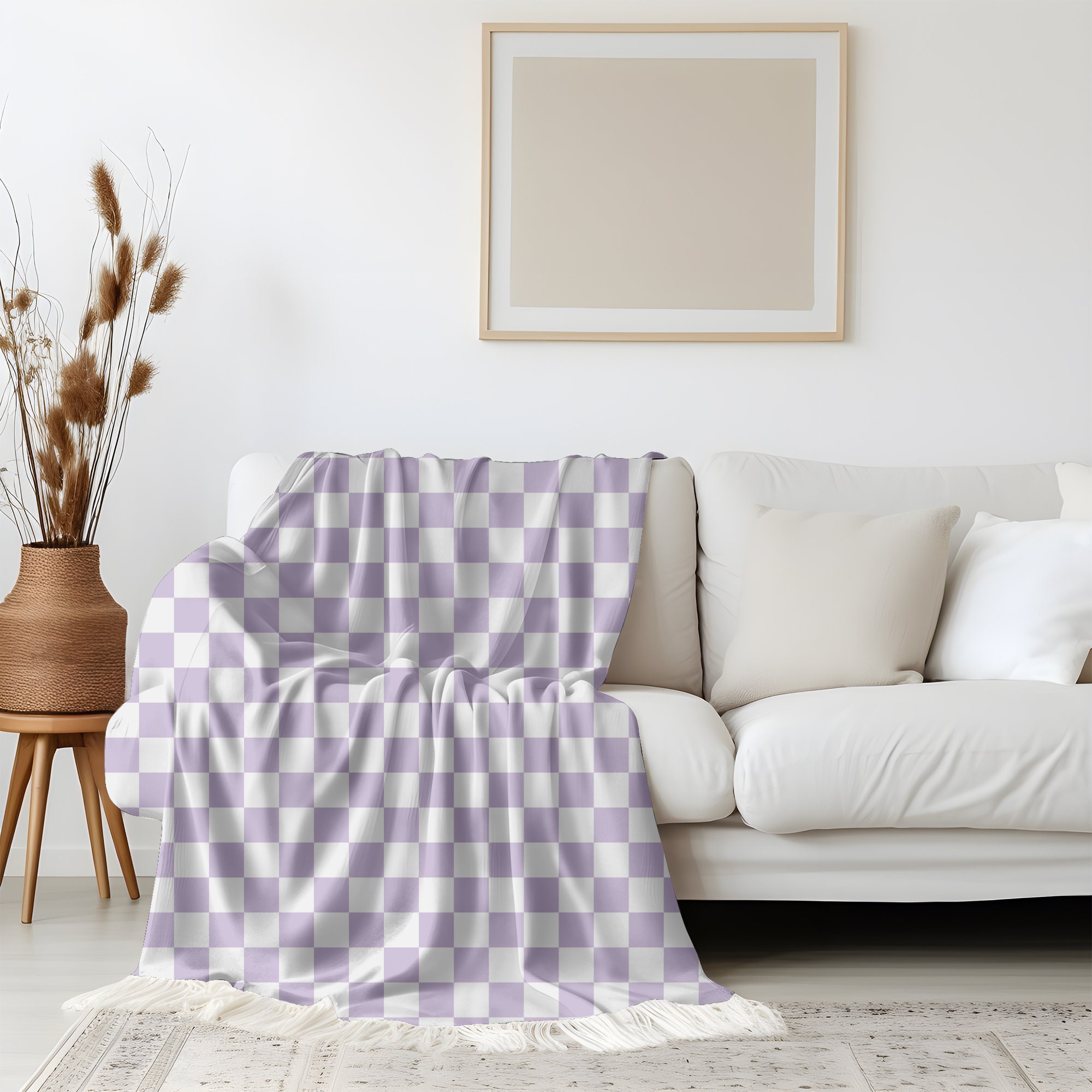 Lilac Checkered Velveteen Plush Blanket Soft Light Purple Checkered ...