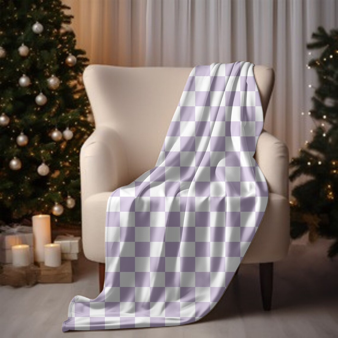 Lilac Checkered Velveteen Plush Blanket Soft Light Purple Checkered ...