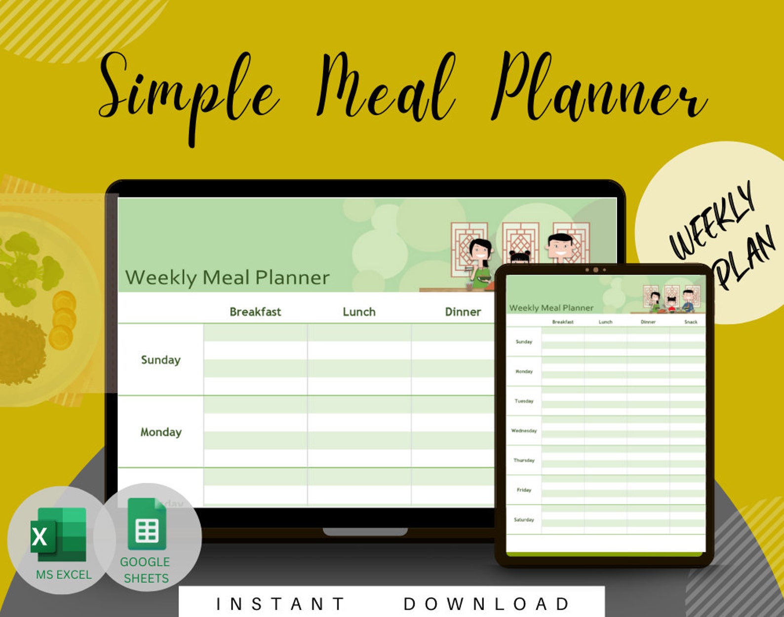 Simple Meal Planner, Daily Meal Planner, Excel and Google Sheets Meal ...