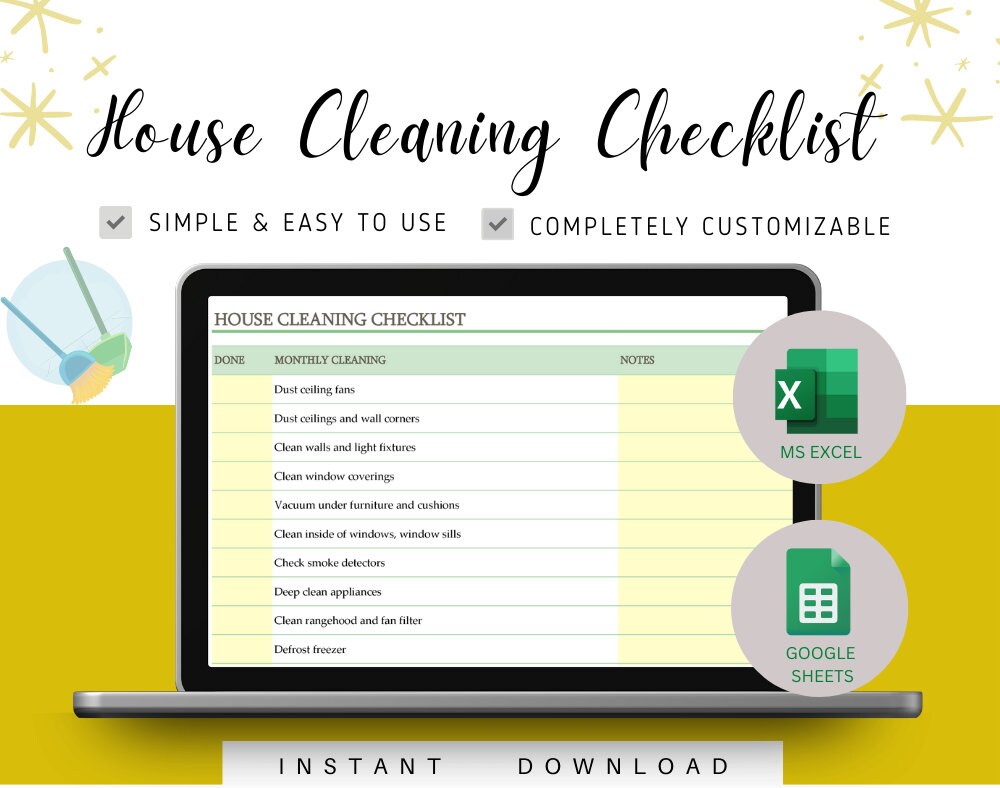 Home Cleaning Checklist, Excel Planner Template, House Cleaning Planner, Google Sheets Template ...