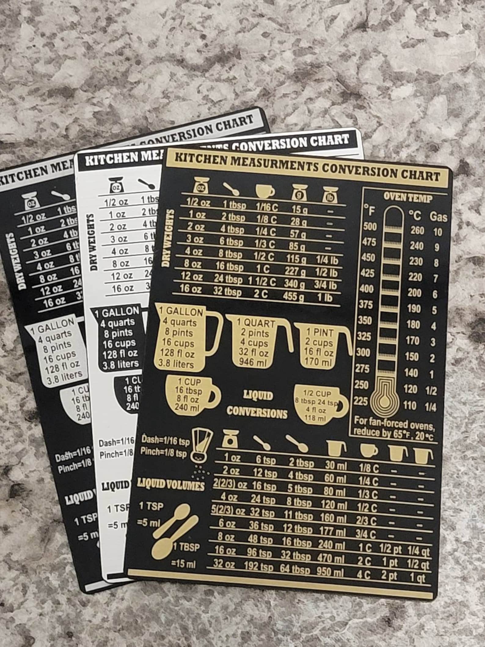 Magnetic Kitchen Conversion Chart in Black/gold Fridge Magnet 4x6 or 3x5 high Quality Laser ...