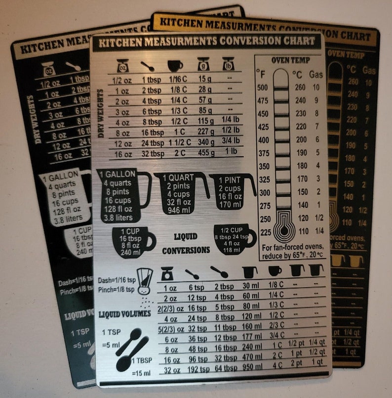Magnetic - Kitchen Conversion Chart in Silver/black - Fridge Magnet (4 ...