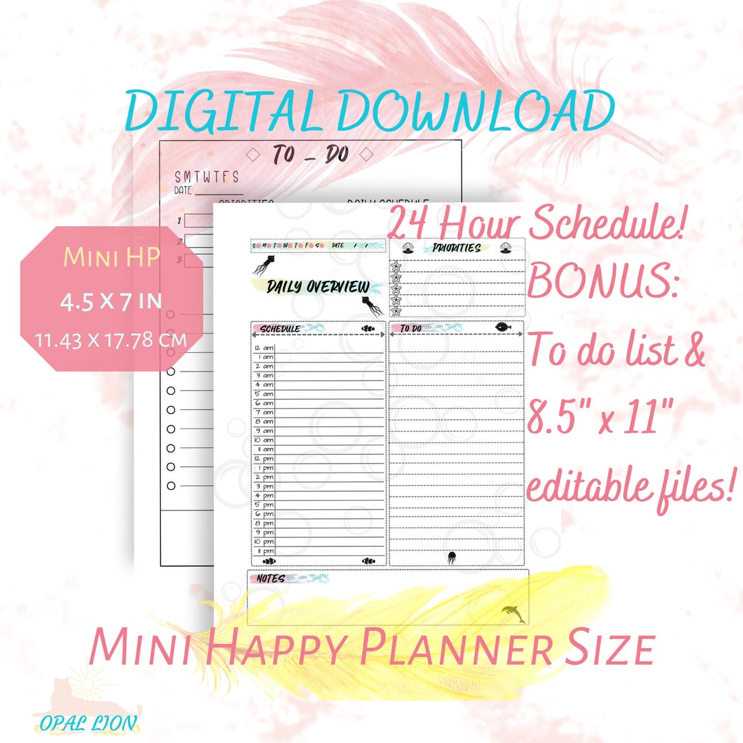 Mini Happy Planner Printable Daily Inserts | 24 Hour Schedule Template ...