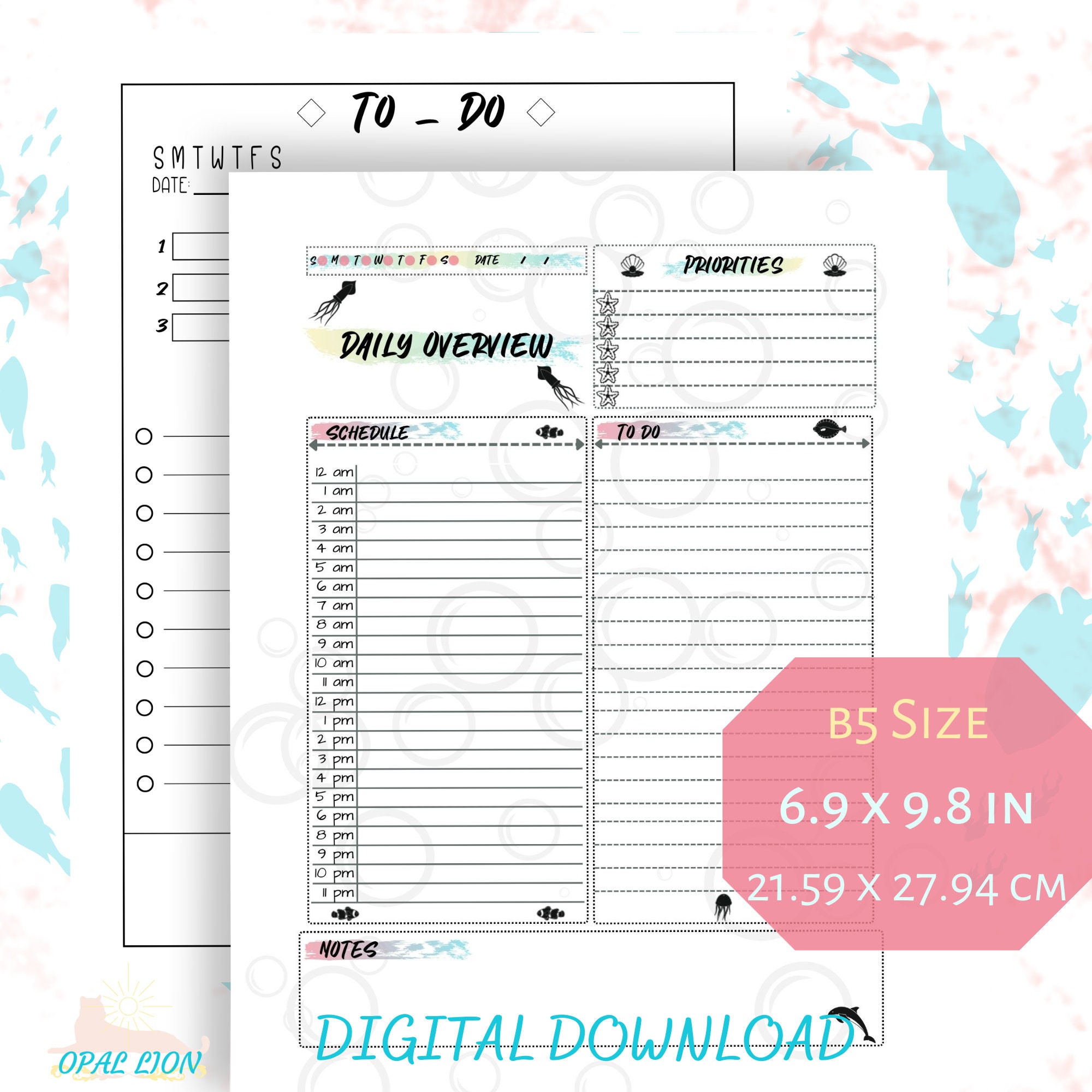 B5 Planner Daily Inserts Printable | Hourly Planner Template | 24 Hr ...
