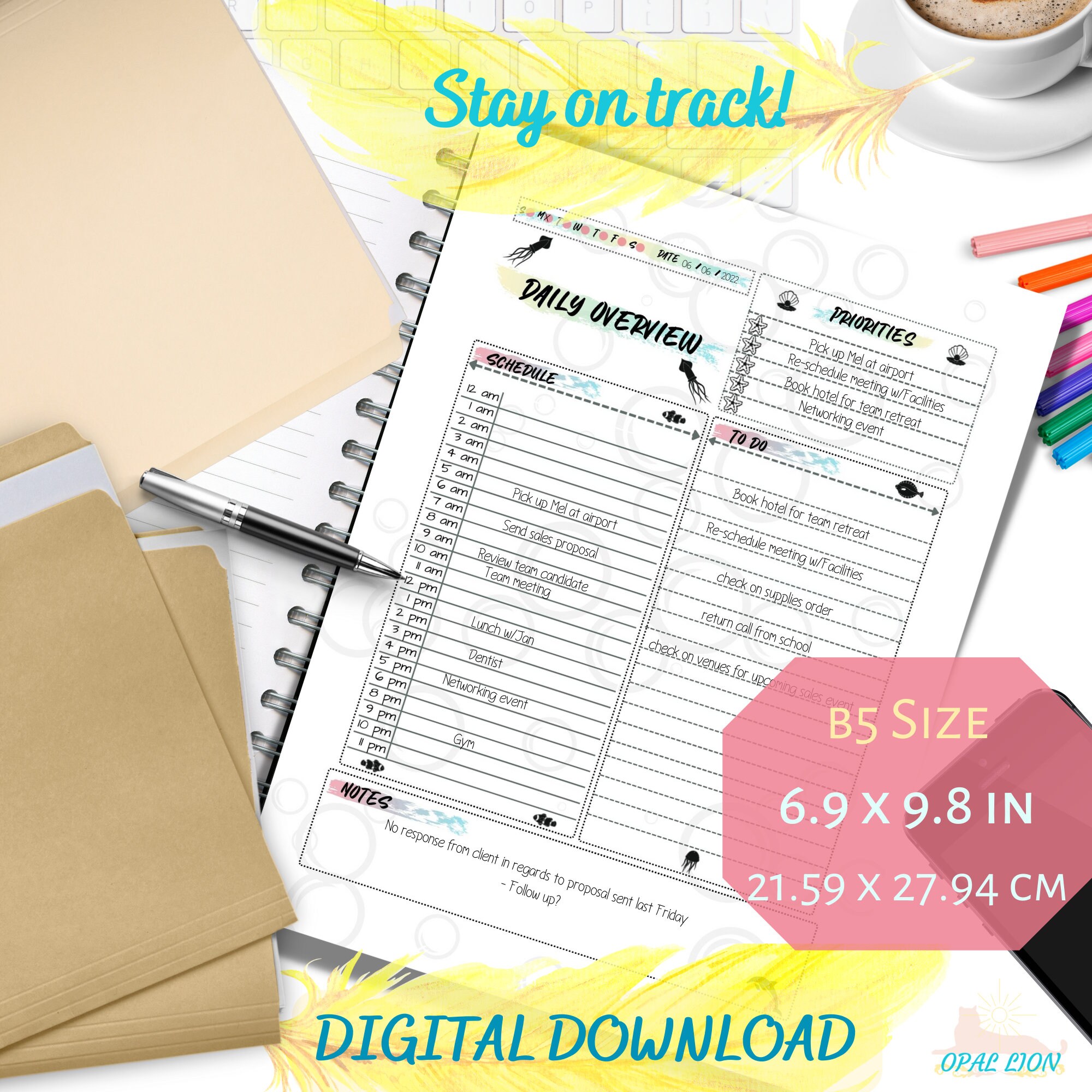 B5 Planner Daily Inserts Printable | Hourly Planner Template | 24 Hr ...