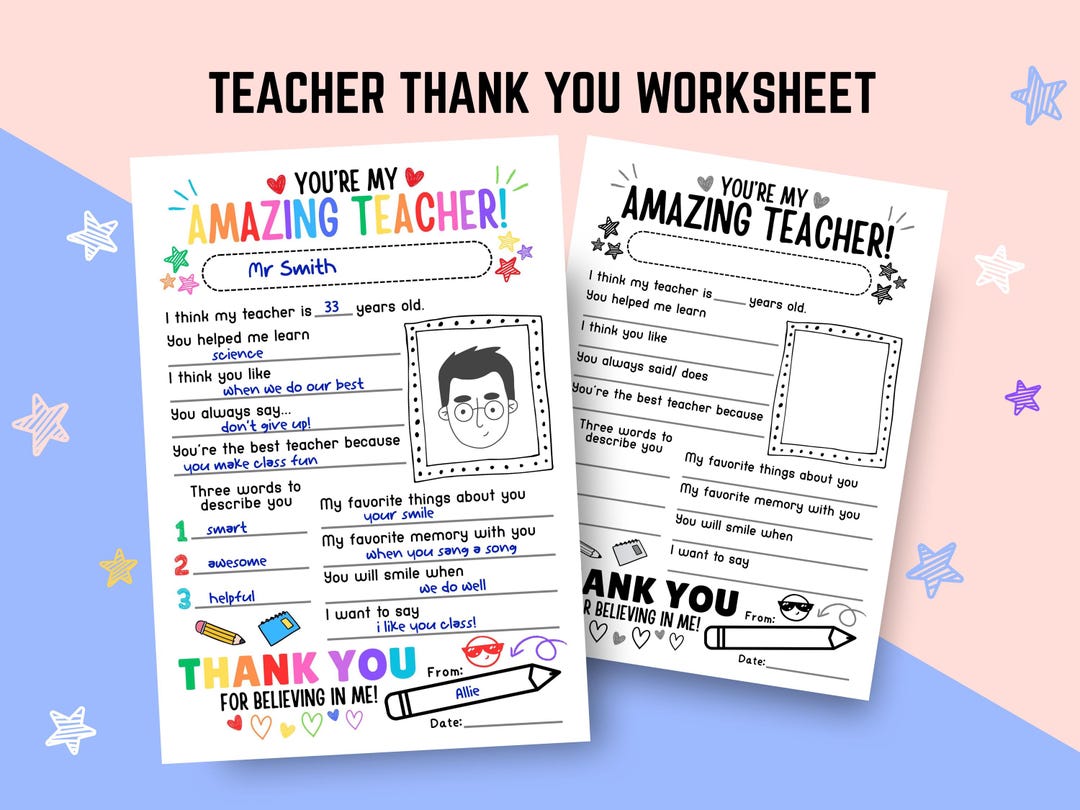 Thank You Teacher Worksheet, Fun Teacher Gift From Kid, Teacher ...