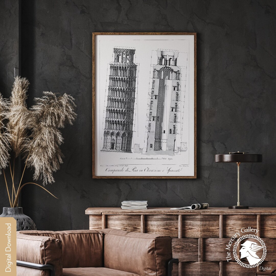 Leaning Tower of Pisa Print, Vintage Architecture Poster, Minimal ...