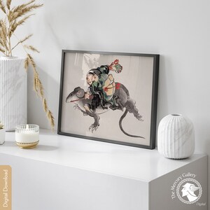 Hokusai Art Print, Japanese Daikokuten Riding a Large Rat, Japan Wall ...