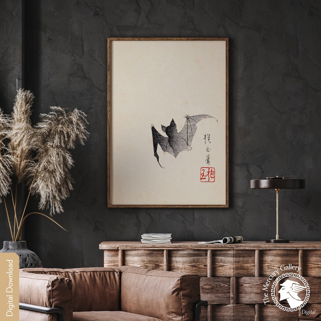 Japanese Bat Painting, Bat and Moon Wodblock Print, Yamada Hogyoku ...