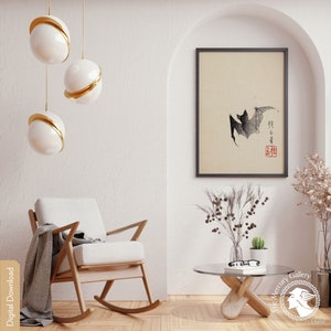 Japanese Bat Painting, Bat and Moon Wodblock Print, Yamada Hogyoku ...