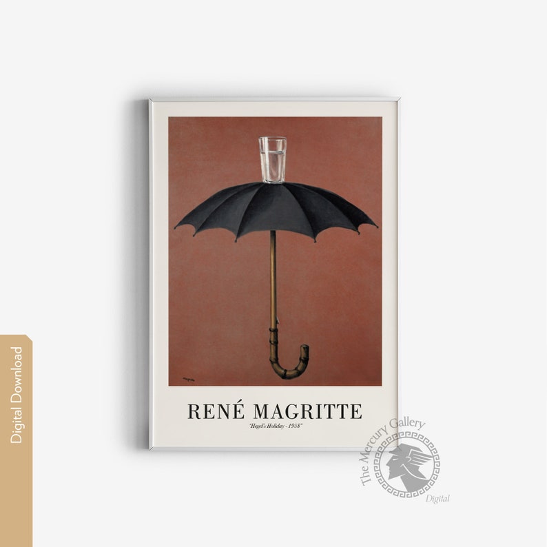 Rene Magritte Poster, Hegel's Holiday, Black Umbrella Coral Pink ...
