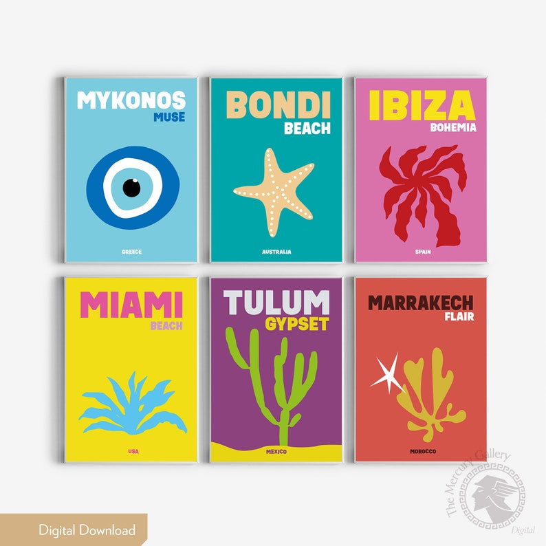 Travel Destination Prints, Mykonos, Bondi, Ibiza Set of 6 (digital ...
