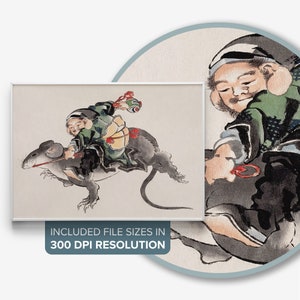 Hokusai Art Print, Japanese Daikokuten Riding a Large Rat, Japan Wall ...