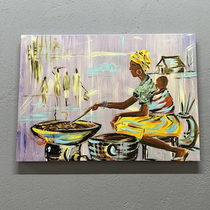 African Mother Cooking, Authentic Nigerian Art Canvas, Black Woman Art ...