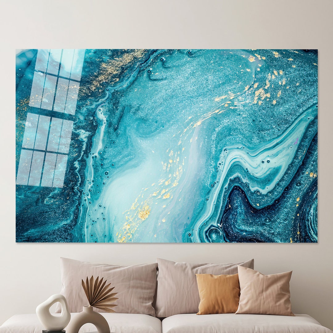 Wall Art Abstract Glass Wall Glass Art T Blue Tones Marble Tempered Glass Luxury Marble
