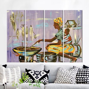 African Mother Cooking, Authentic Nigerian Art Canvas, Black Woman Art ...