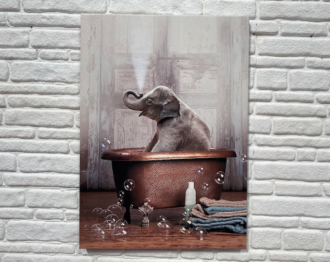 Bathtub Elephant Art, Elephant Wall Decor, Elephant Bathroom Canvas Art ...