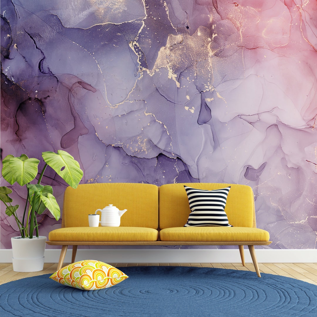 Purple Pink Marble Wallpaper: Gold Accent Peel and Stick Wall Decor - Etsy