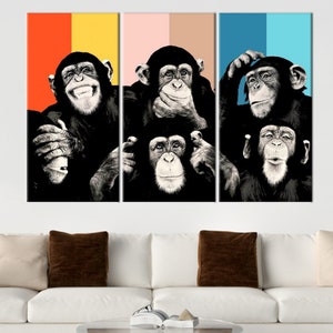 Monkeys Painting, Thinking Monkey Poster, Abstract Monkey Wise Monkeys ...