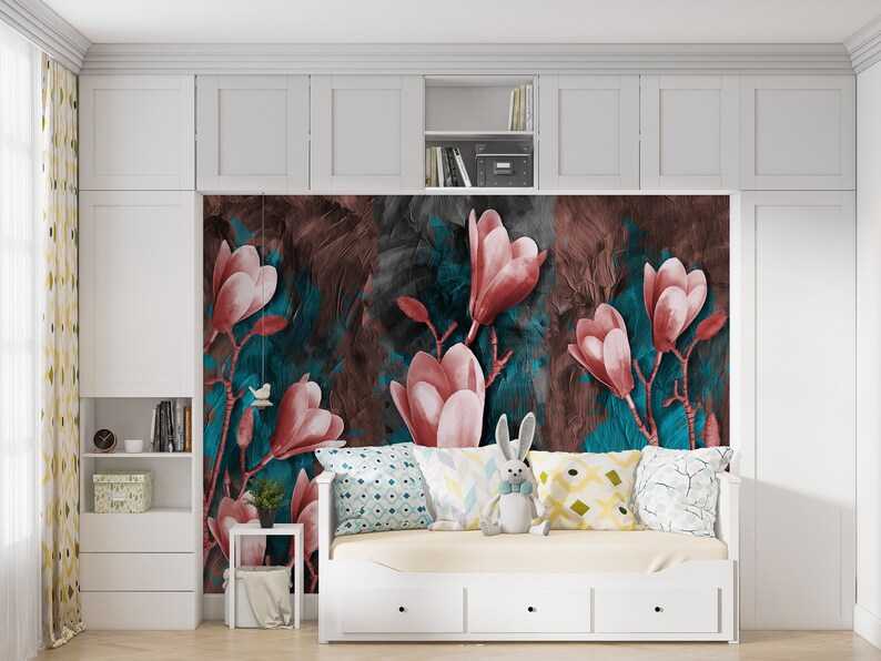 Magnolia Mural Wallpaper: Modern Floral Wall Print, Peel and Stick - Etsy