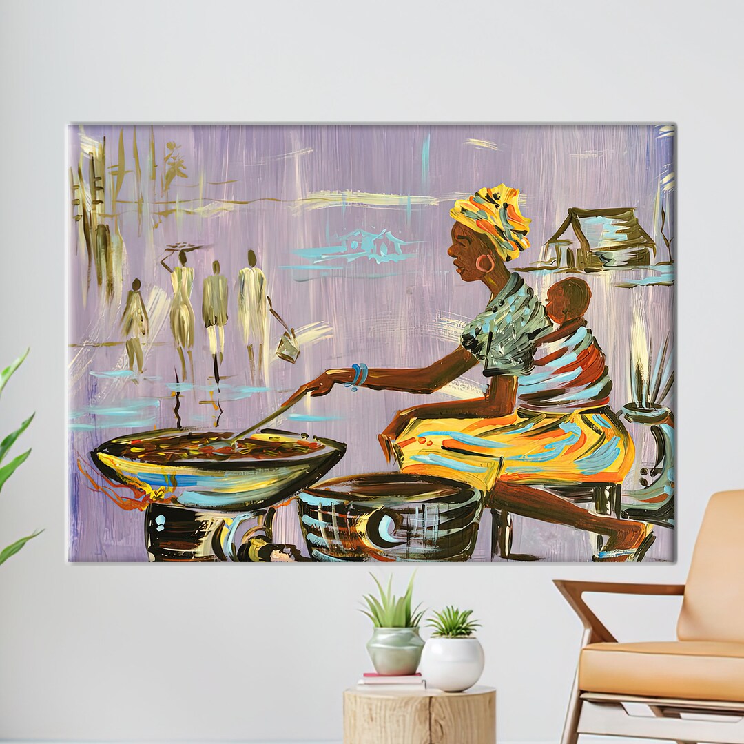 African Mother Cooking, Authentic Nigerian Art Canvas, Black Woman Art ...