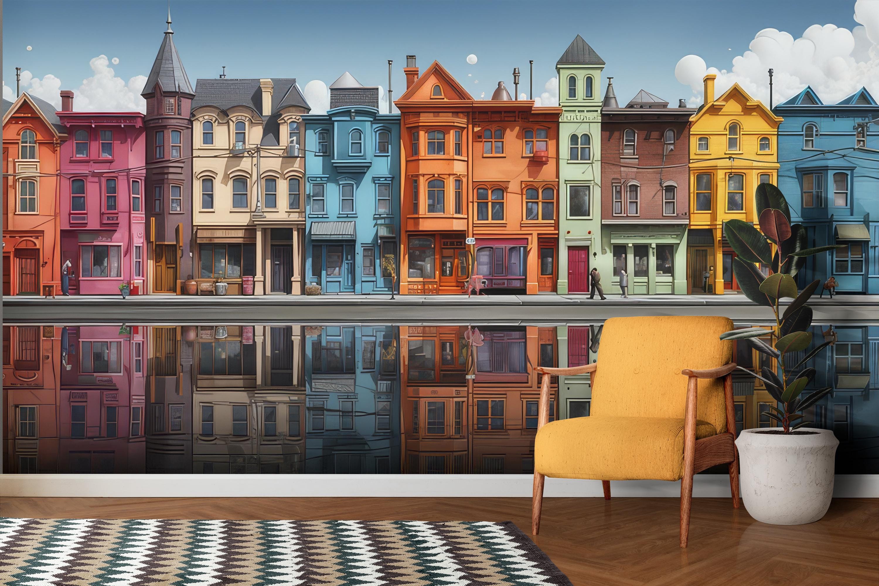 Colorful Cityscape Wallpaper Mural: Textured or Peel & Stick - Etsy