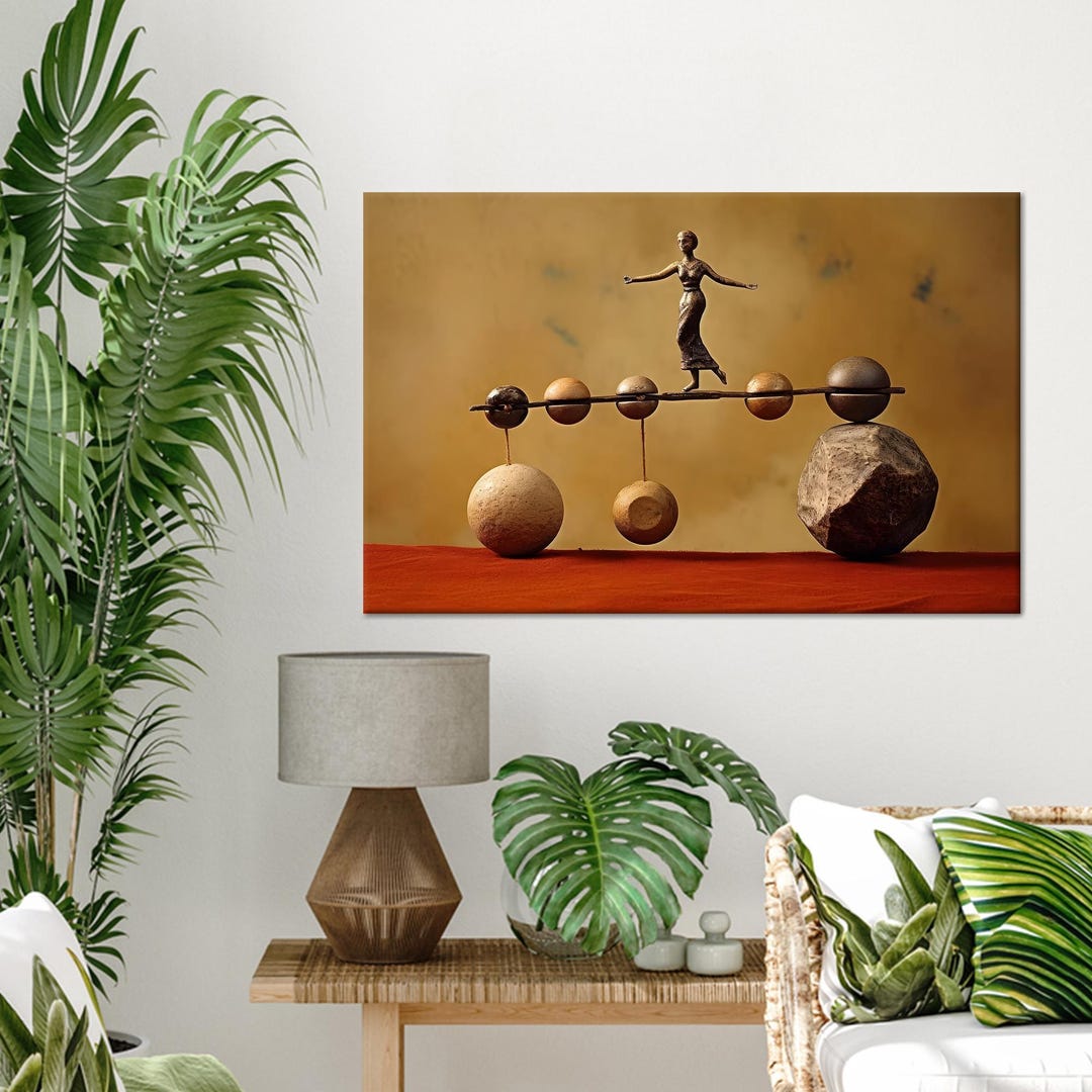 Balancing Woman Sculpture Wall Art Canvas, Surreal Geometric Shapes ...