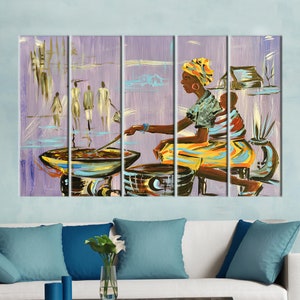 African Mother Cooking, Authentic Nigerian Art Canvas, Black Woman Art ...