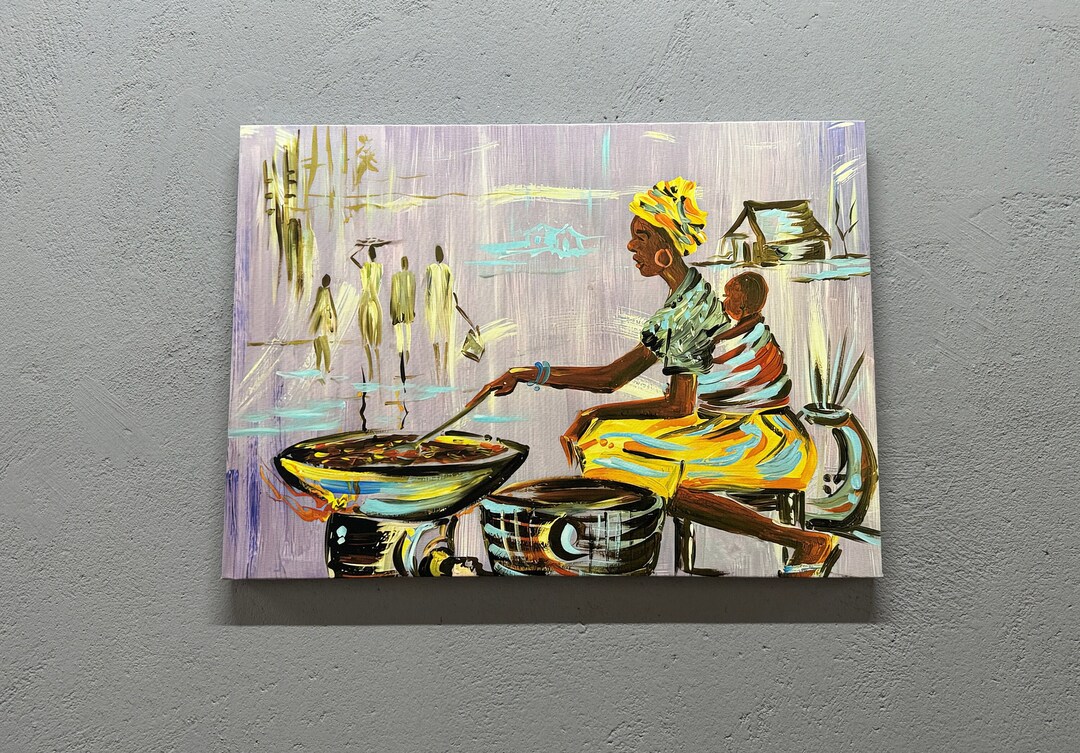 African Mother Cooking, Authentic Nigerian Art Canvas, Black Woman Art ...
